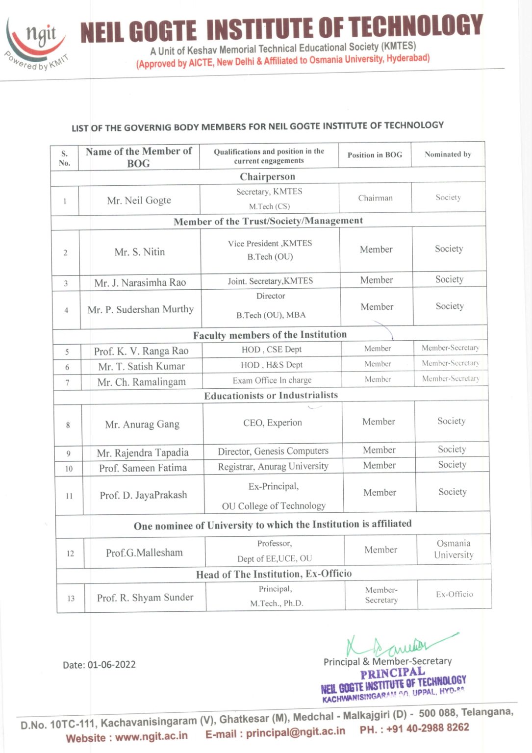 Governing Council – Neil Gogte Institute of Technology