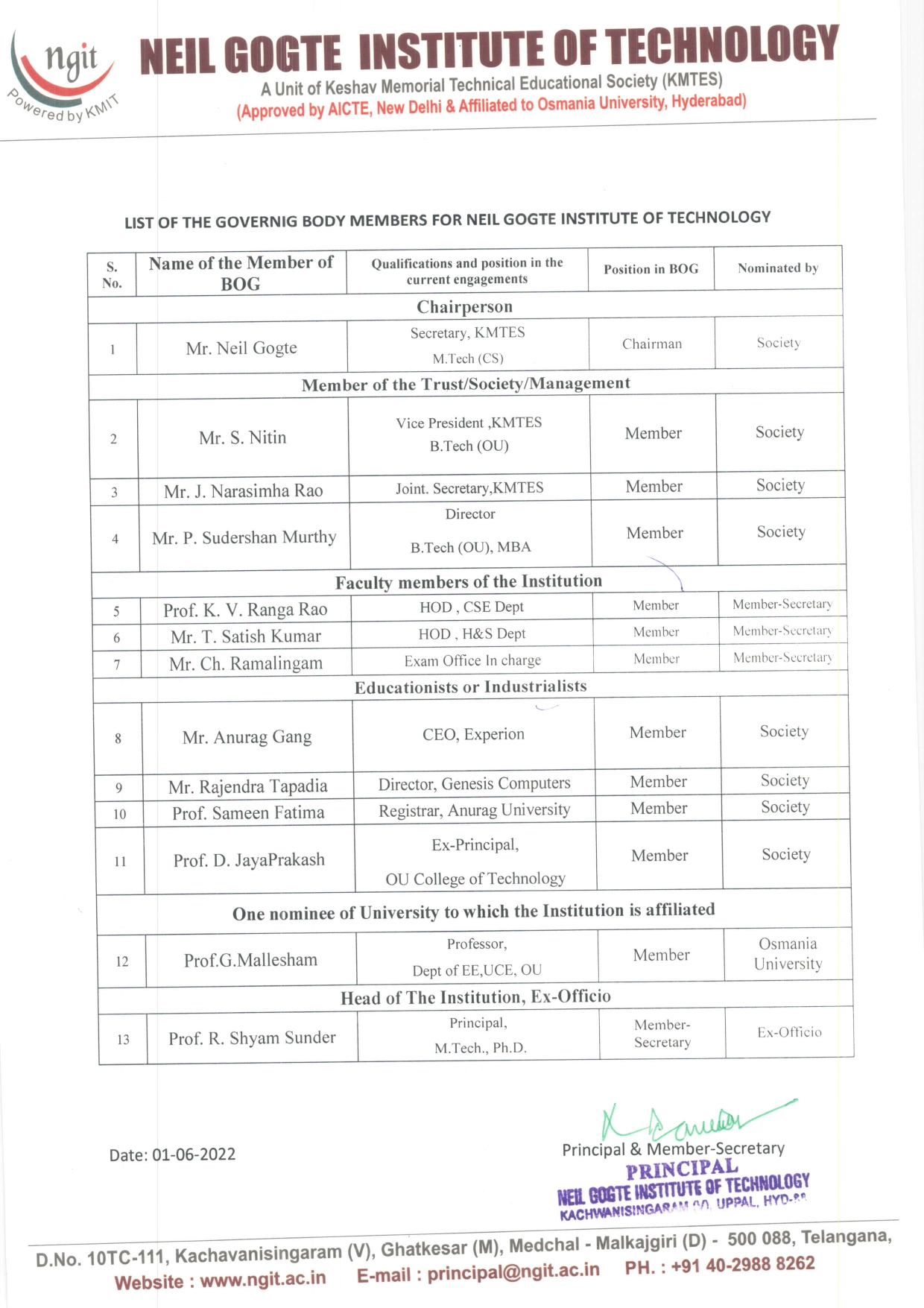 Governing Council – Neil Gogte Institute of Technology