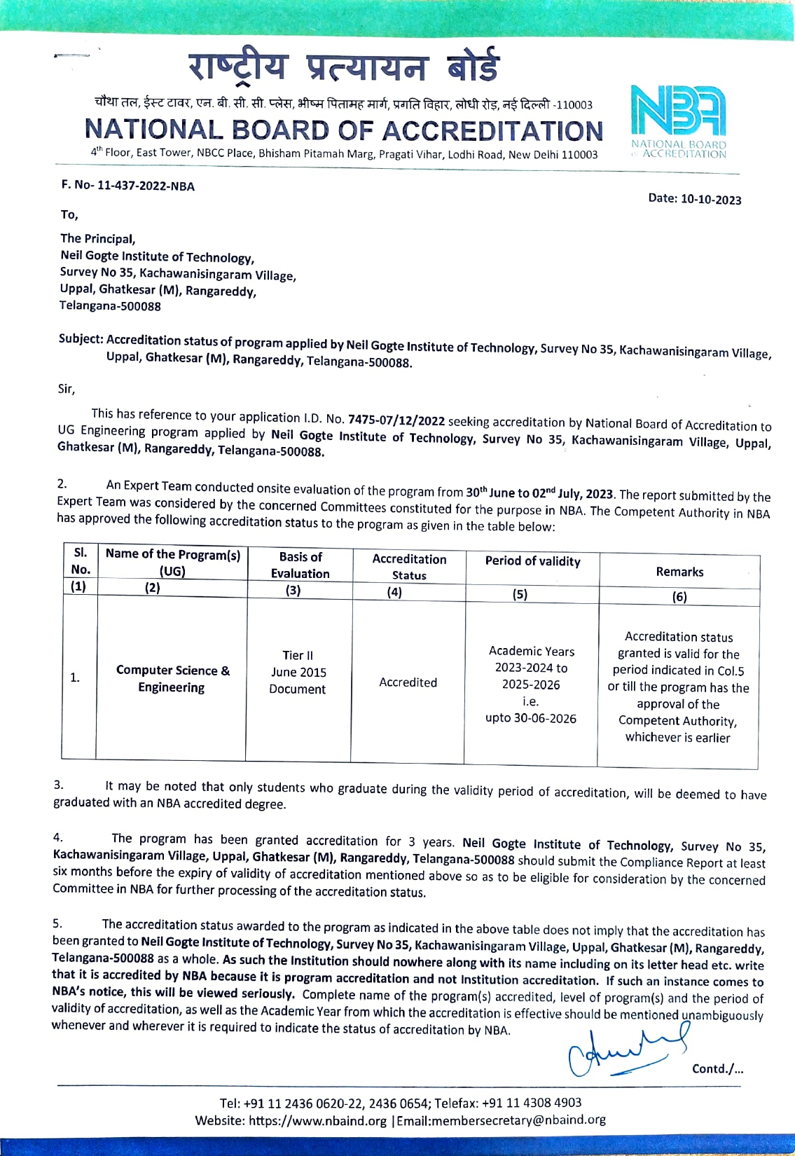 NBA – Neil Gogte Institute of Technology
